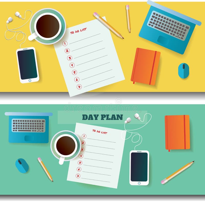 Two Illustrations of Table with Day Plan Blank and Different Objects ...