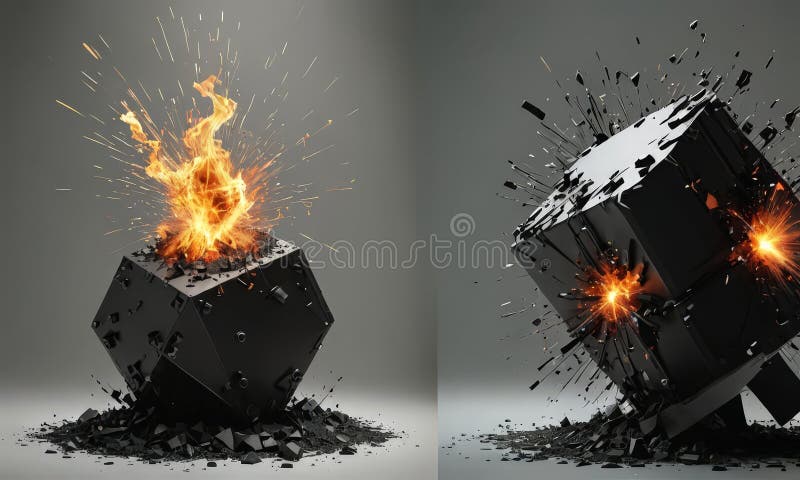Two Images Black Cube with Fire-like Explosion on Top, Accompanied by ...