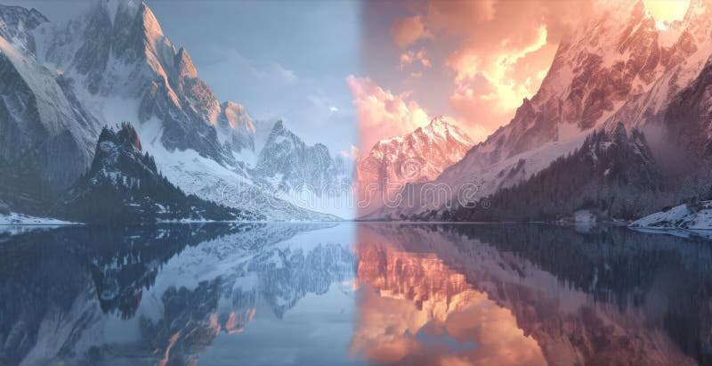 Two Images of a Mountain Range with Water and Clouds, AI Stock Photo ...