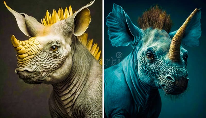 Two Images of Rhino with Different Colors. Generative AI Stock ...