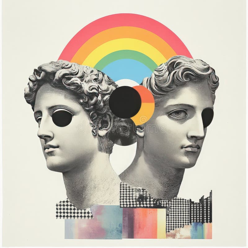 Two Statue Heads Stand Together with a Rainbow in the Background Stock ...