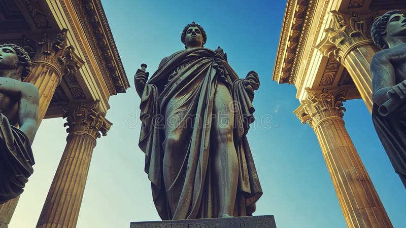 Statues of Ancient Figures Set Against a Blue Sky with Ornate Columns ...