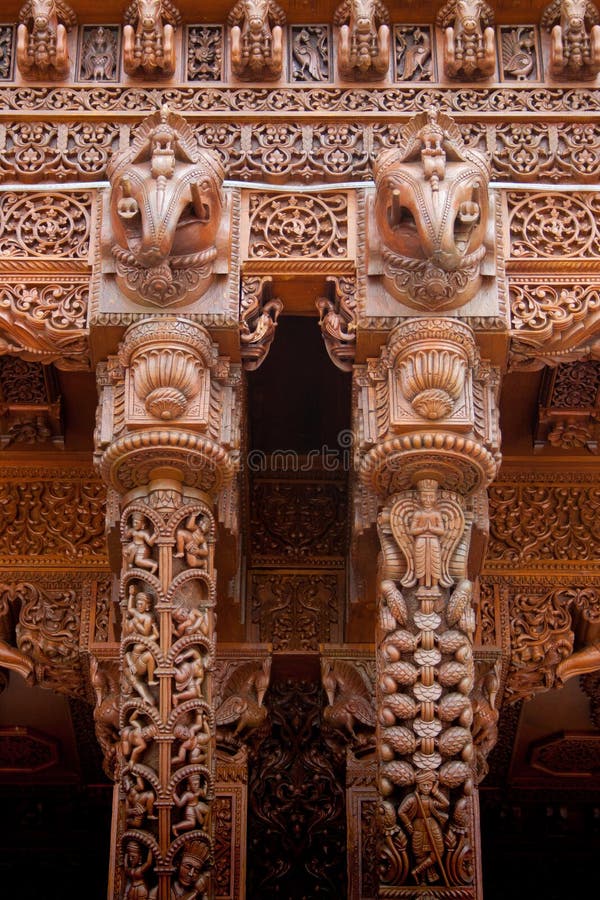 Two Indian Elephant Wood Carving Columns Stock Image - Image of detail ...