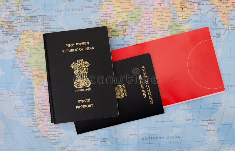 Two Indian Passports and Flight Ticket on the Background of the World Map Travel Concept Stock ...