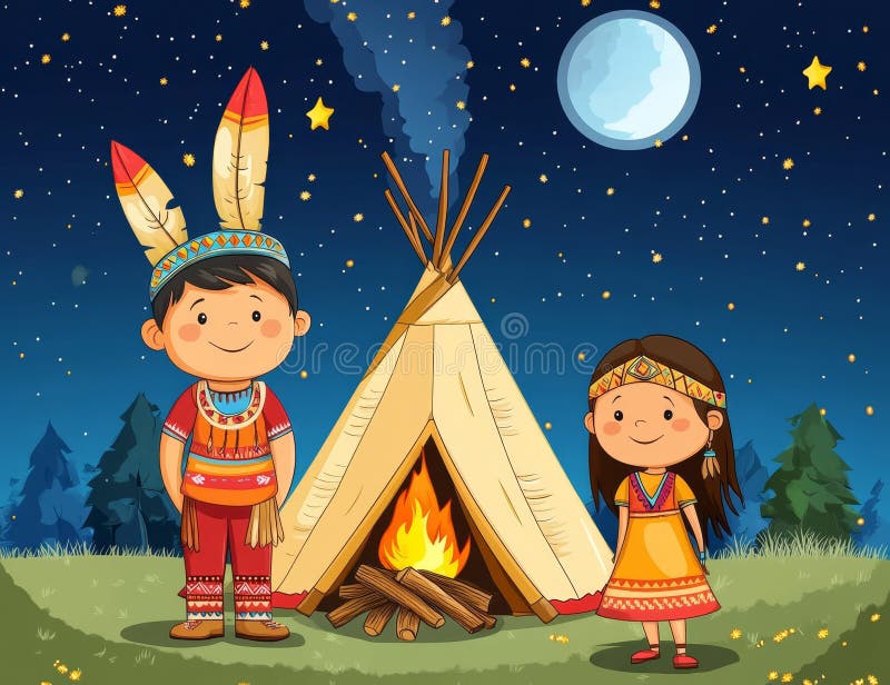 Two Indians Cartoon with Teepees in Tribal Setting Stock Photo - Image ...