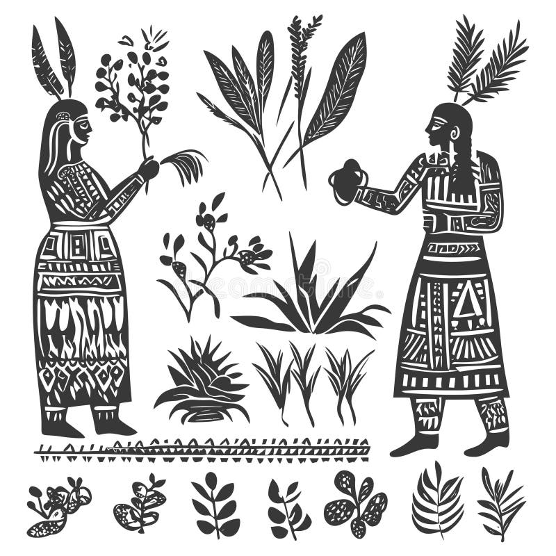 Stylized Tribal Figures with Floral and Plant Elements Stock Vector ...