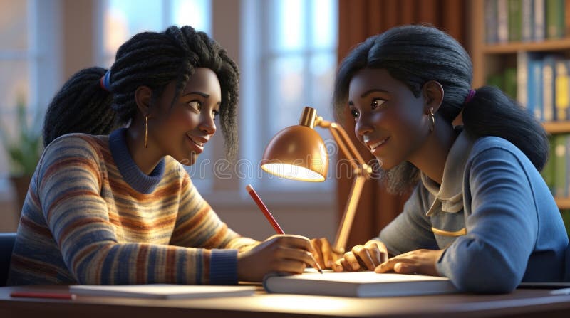 Two Individuals Collaborating on a Project at a Desk with Warm Lighting ...