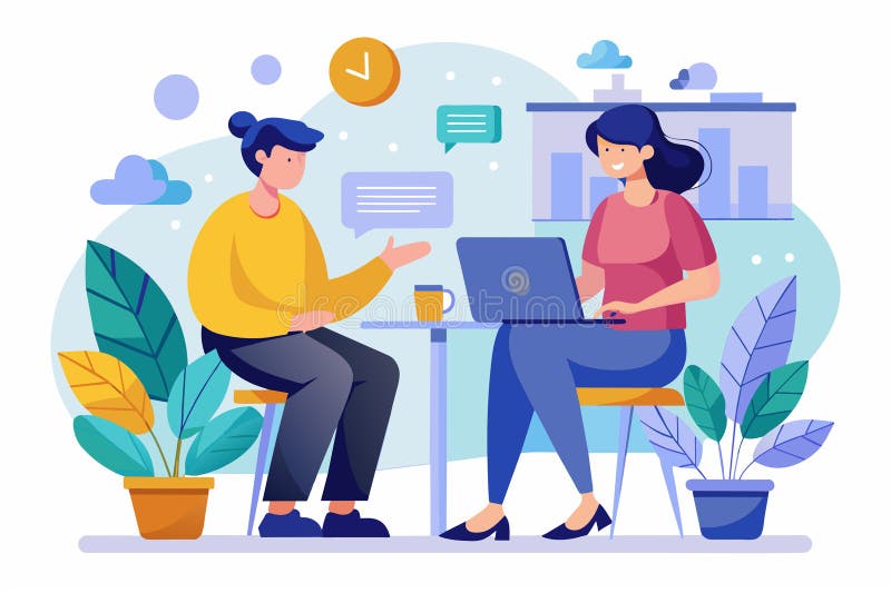 Two Individuals Converse Actively about a Detailed Flat Illustration in ...