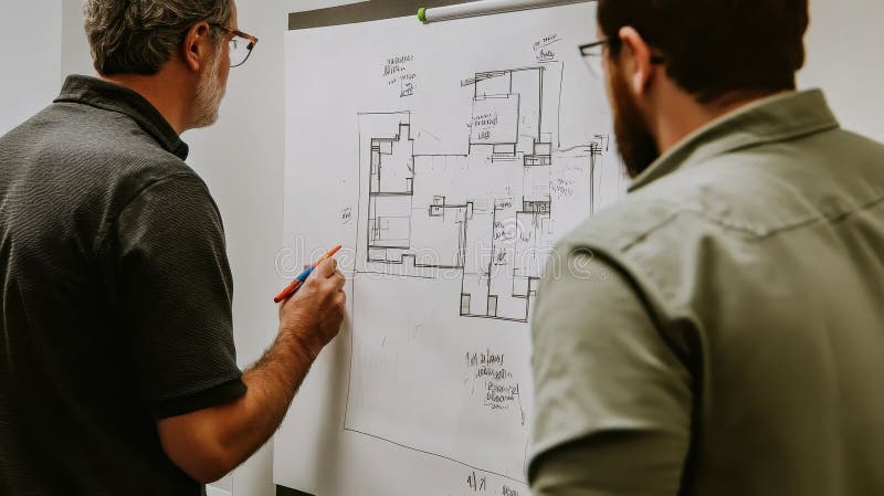 Two Individuals Discussing a Building Plan on a Whiteboard Stock ...
