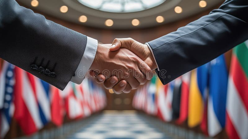 International Leaders Engage in Handshake with Flags Representing ...