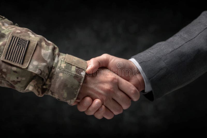 Military and Civilian Figures Unite through a Handshake in a Moment of ...