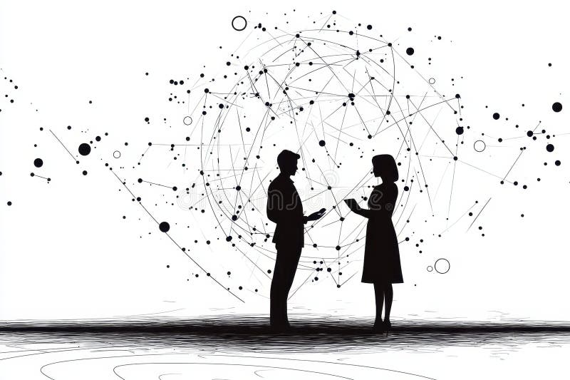 Two Individuals Engaged in Conversation Against a Digital Backdrop of ...