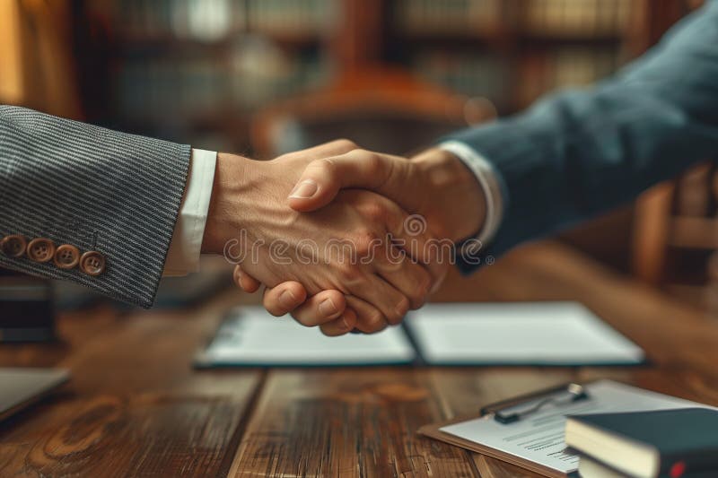 Two Individuals are Exchanging a Handshake on a Rustic Hardwood Table ...