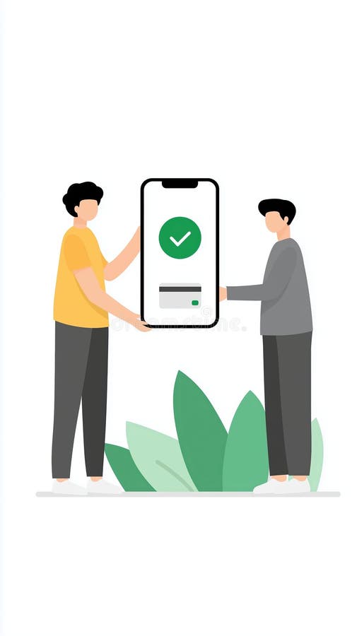 Two Individuals Exchanging a Smartphone Displaying a Checkmark Symbol ...
