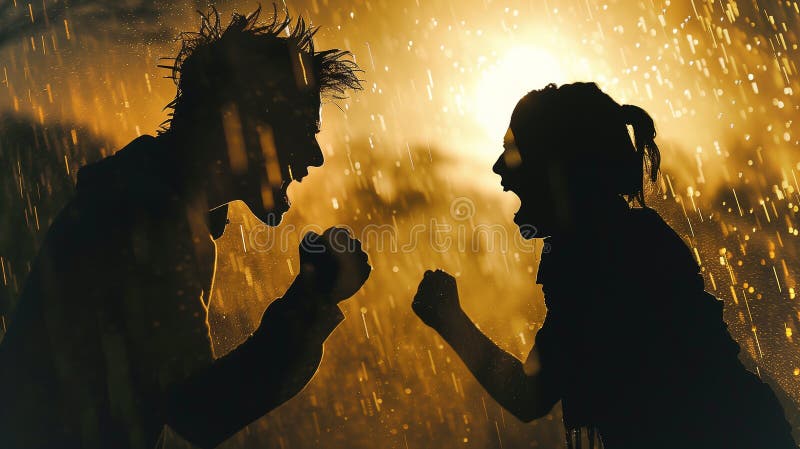 Two Individuals Face Each Other in the Rain, Expressing Intense ...