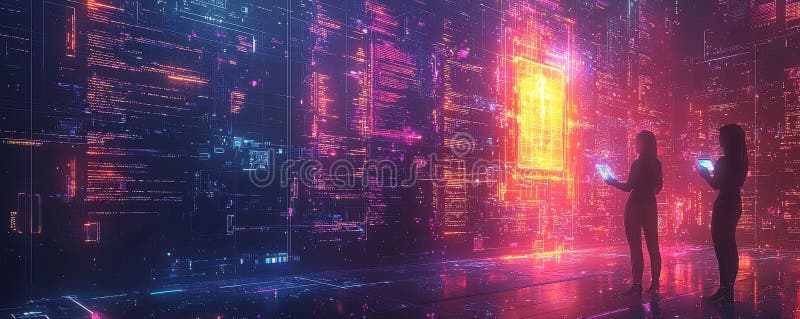 Two Individuals Interacting with Futuristic Data Interfaces in a ...