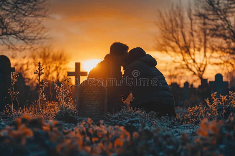 Two Individuals Kneel beside a Grave in a Cemetery As the Sun Sets in ...