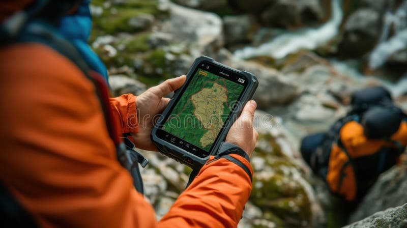 Exploring Nature with a Handheld GPS Device Along a Rocky Riverbank ...