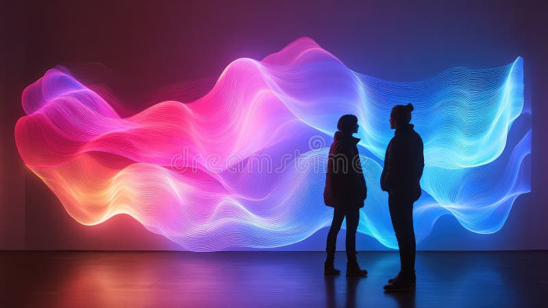Two Individuals Observing a Large-Scale Light Installation with Dynamic ...