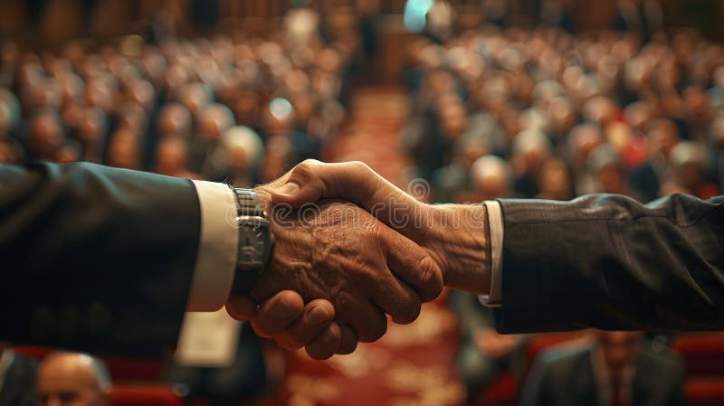 Two Men Exchange a Firm Handshake at an Event with a Crowd Watching ...