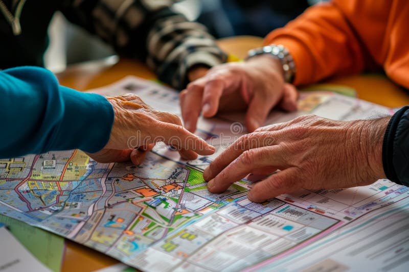 Two Individuals are Pointing at a Map Spread Out on a Table As they ...