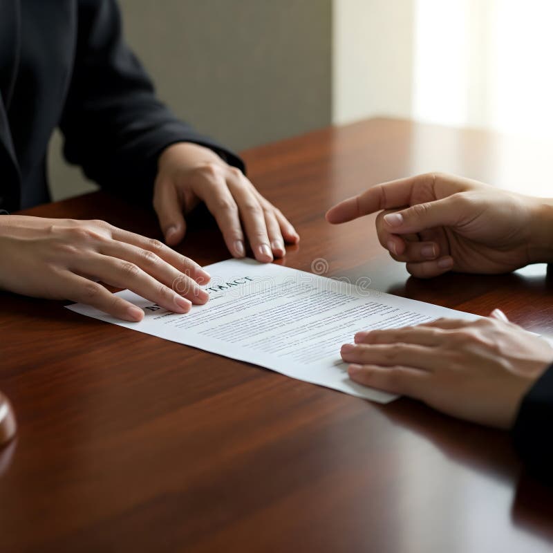 Two Individuals Review a Document on a Wooden Table, Fingers Pointing ...
