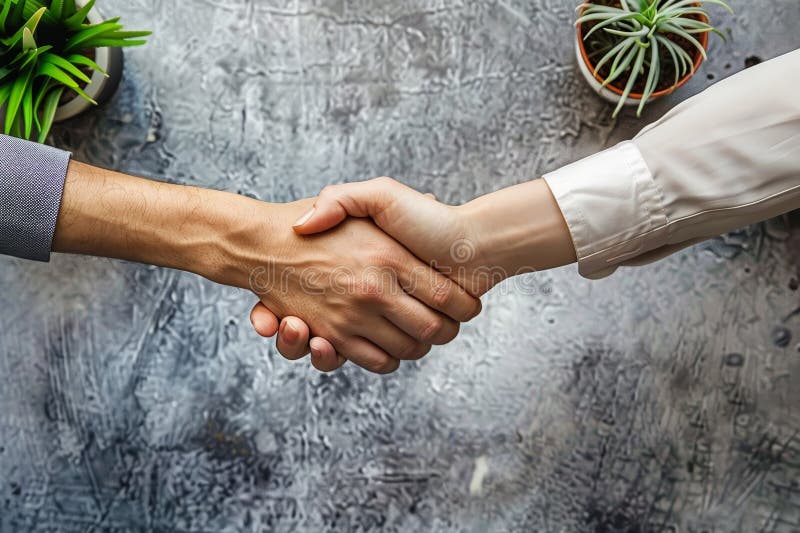 Two Individuals Shake Hands in Front of a Green Potted Plant, Honor the ...
