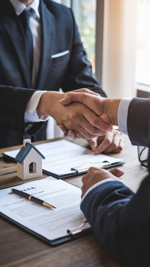 Two Individuals Shake Hands Over Table with House Model, Pen, and DEED ...