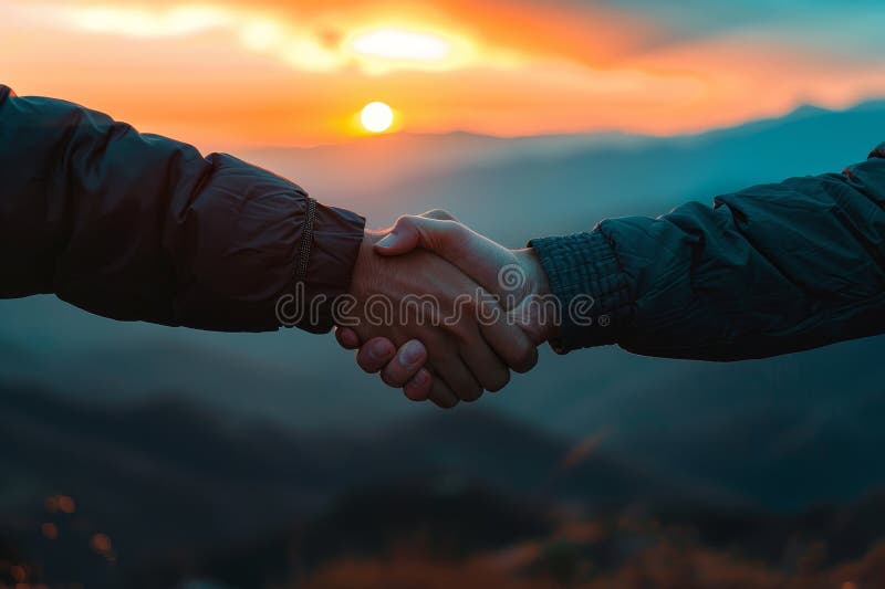Two Individuals Shaking Hands in Front of a Setting Sun, Expressing the ...