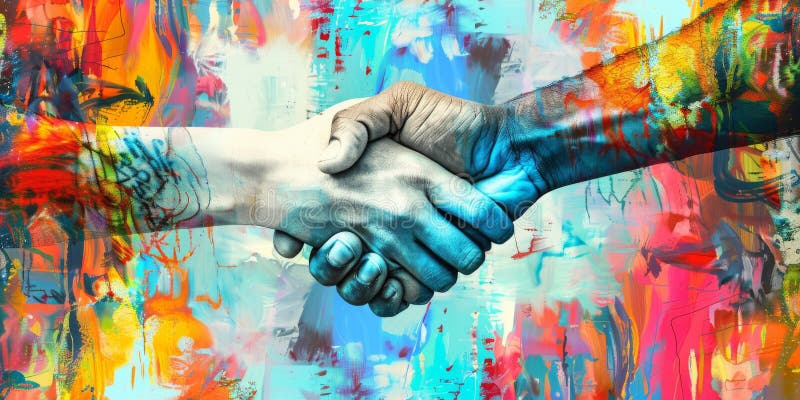 Two Individuals Shaking Hands in Front of Vibrant Colors Stock Photo ...