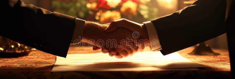 Handshake between Two People Over a Document in a Warm, Softly Lit ...