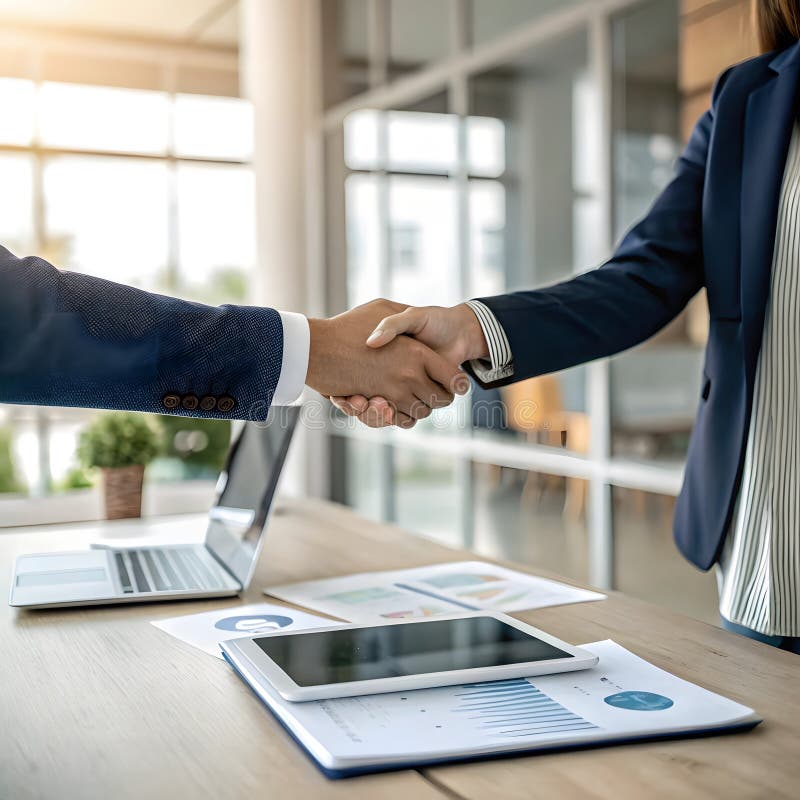 Two Individuals Shaking Hands at a Workplace, Symbolizing Agreement ...