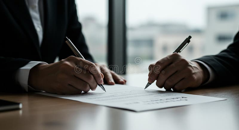 Two Individuals are Sitting at a Table, Both Writing on a Document with ...