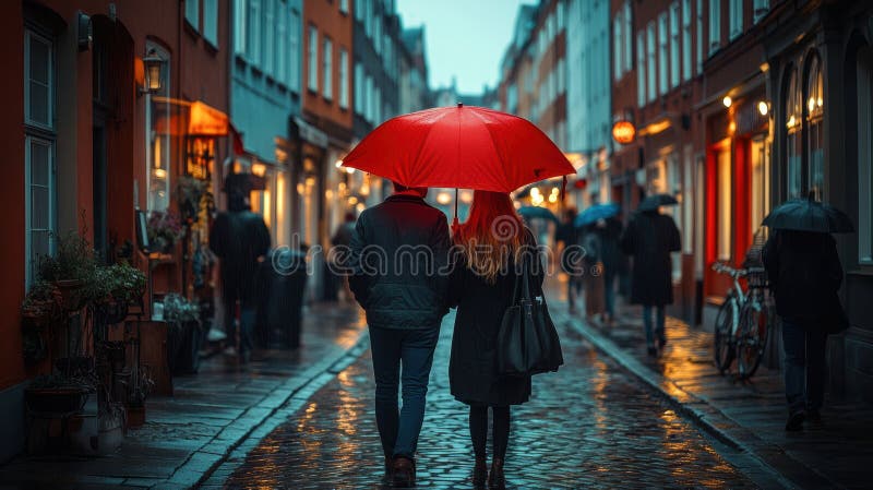 Two Individuals Stroll Down the Street while Sharing an Umbrella. Stock ...