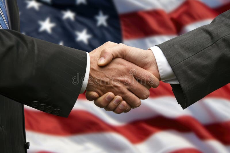 Two Individuals in Suits Shake Hands in Front of an American Flag Stock ...