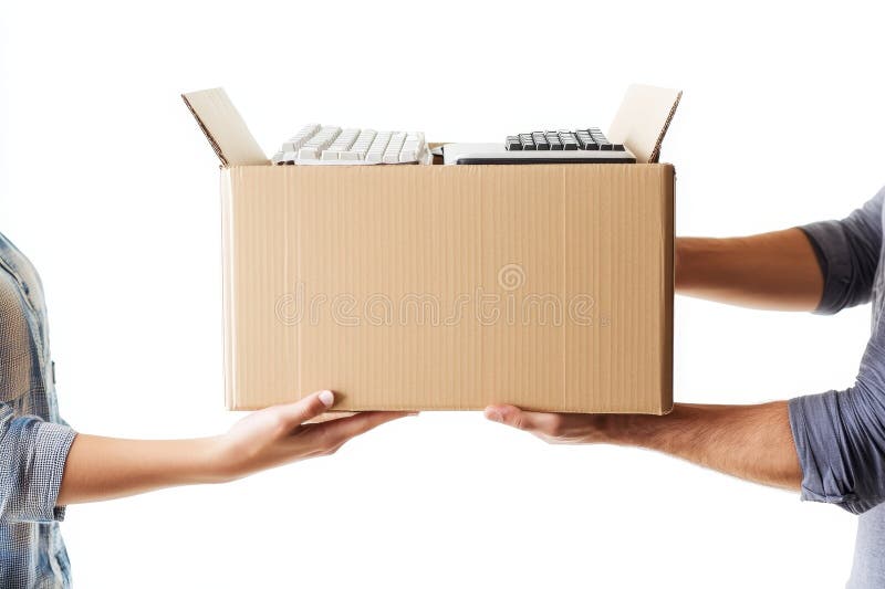 Two Individuals Transporting Computer Equipment in Cardboard Boxes for ...