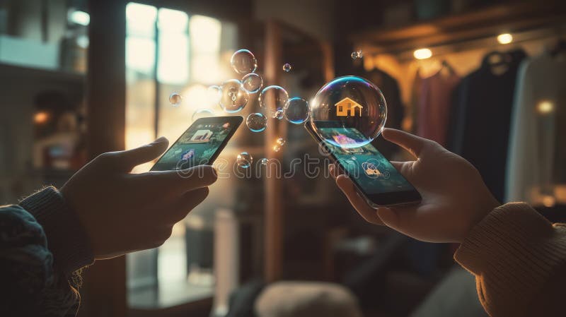 Two Individuals Using Smartphones To Share Augmented Reality Bubbles in ...