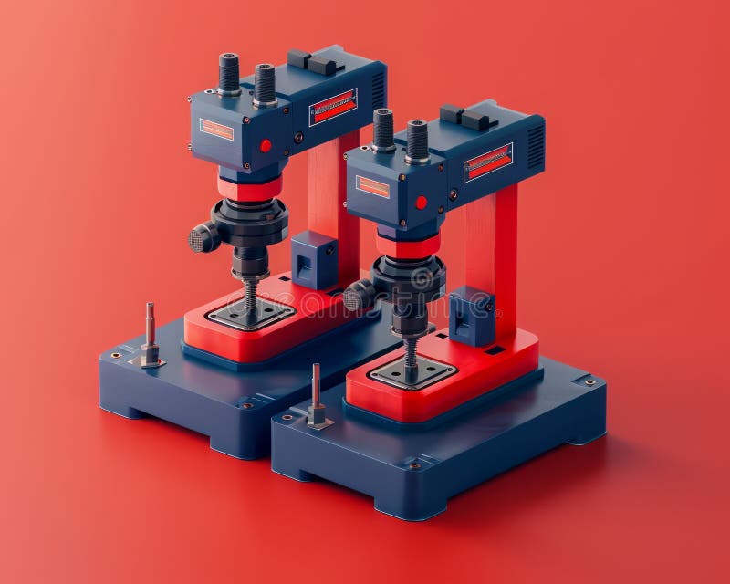 Two Industrial Drill Press Machines on Red Background in Modern ...