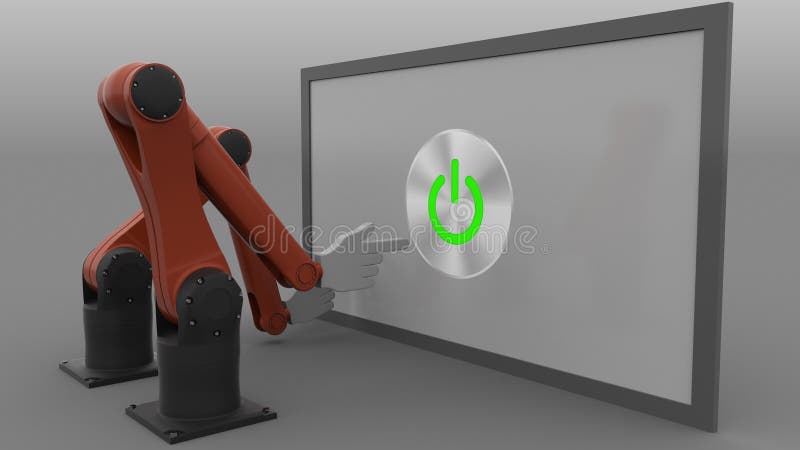 Two Industrial Robot Arms Scrolling Screen and Pushing Power Buttons ...