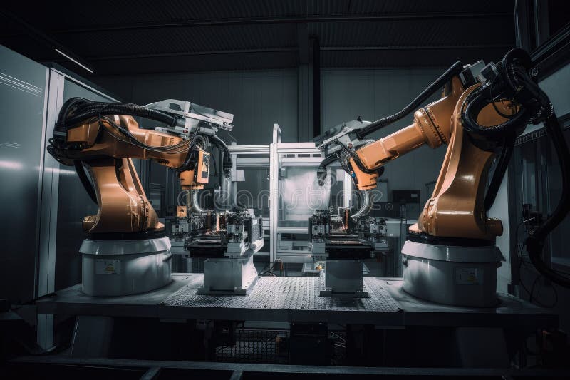 Two Industrial Robots Working Together on Complex Task in Manufacturing ...
