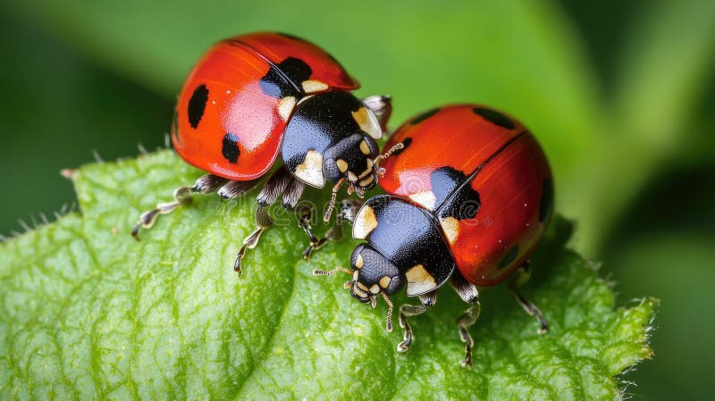 Two Insects on a Green Leaf, Red and Black in Color Stock Photo - Image ...
