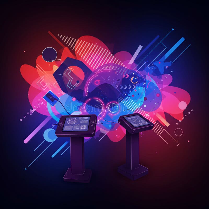 Two Interactive Kiosks with Digital Screens Stand in the Foreground. the Background is Stock ...