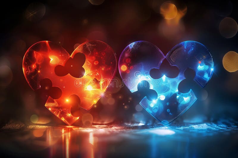 Two Glowing Hearts Merged with Puzzle Pieces. Symbolic of Love and ...