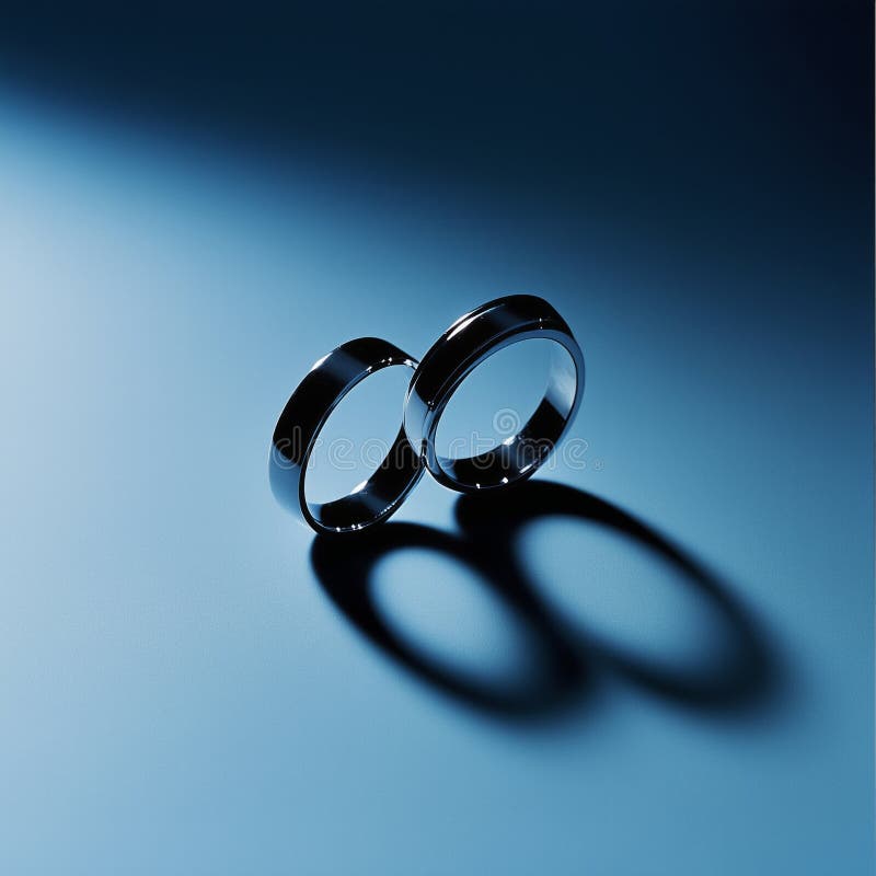 Two Interlocked Silver Rings Casting Shadows on Blue Surface Stock ...