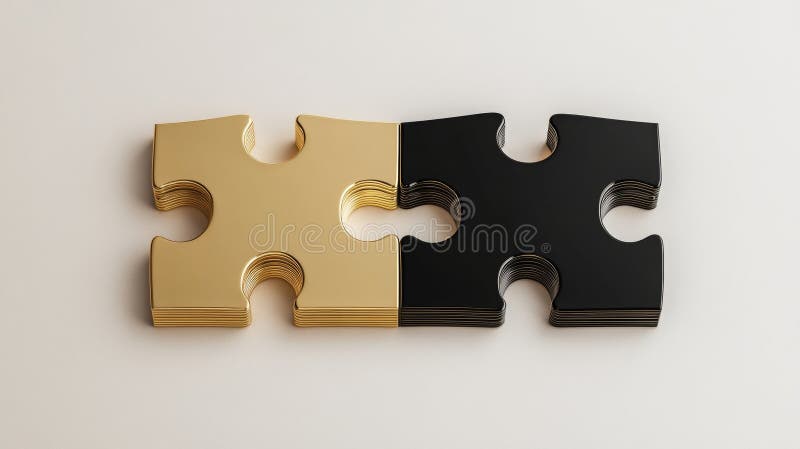 Two Interlocking Puzzle Pieces in Gold and Black, Concept of Connection ...