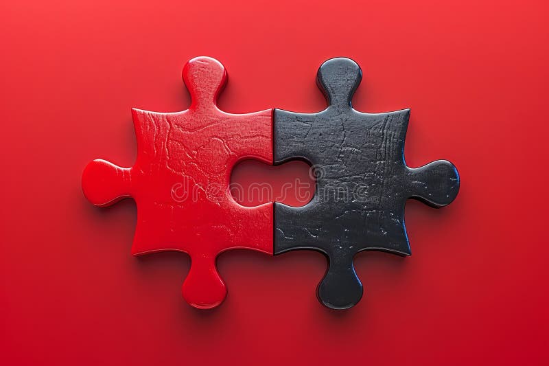 Two Interlocking Puzzle Pieces in Red and Black Against a Solid ...