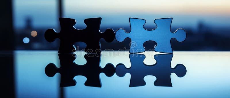 Two Interlocking Puzzle Pieces on Reflective Glass Surface Symbolize ...