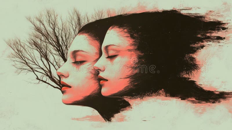 Two Intertwined Faces with Tree Branches, Symbolizing Nature and Human ...