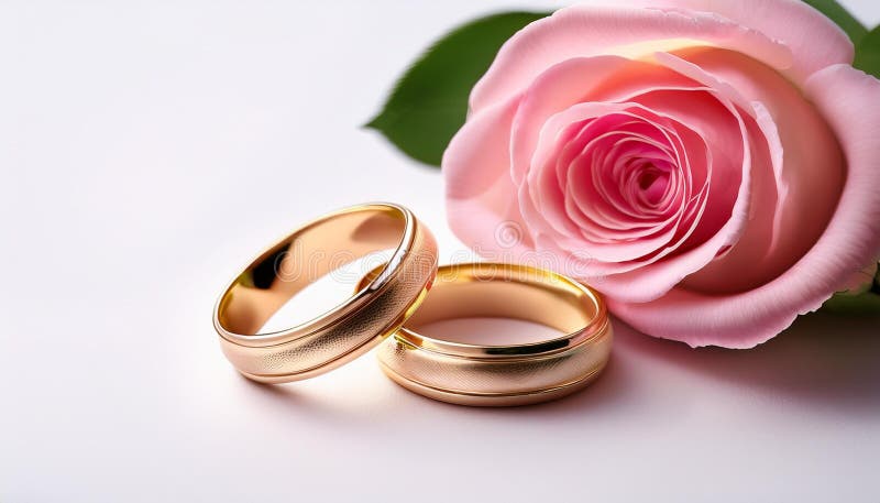 Two Intertwined Gold Wedding Rings Placed beside a Delicate Pink Rose ...