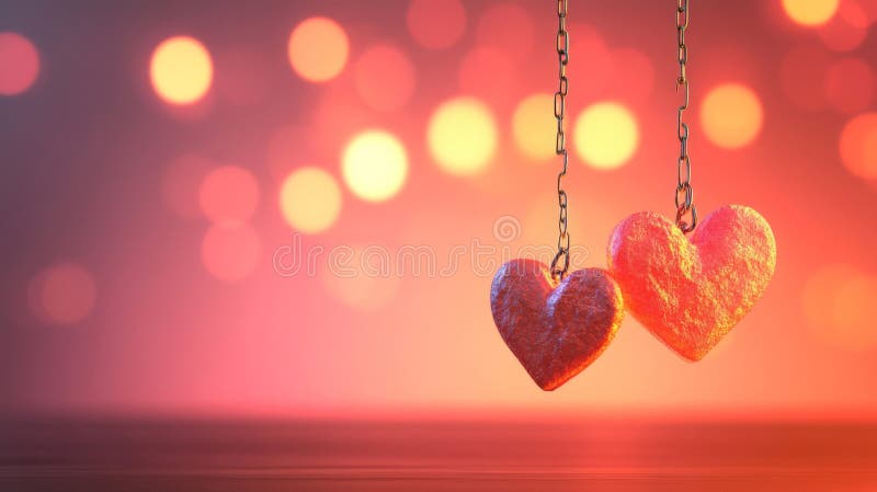 Two Intertwined Hearts Hanging on Chains Against a Blurred Background ...